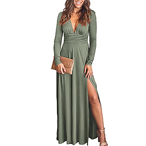 ANRABESS Women Deep V Neck Long Sleeve Slit 2024 Fall Elegant Formal Wedding Guest Cocktail Evening Date Prom Maxi Long Dress Green Medium