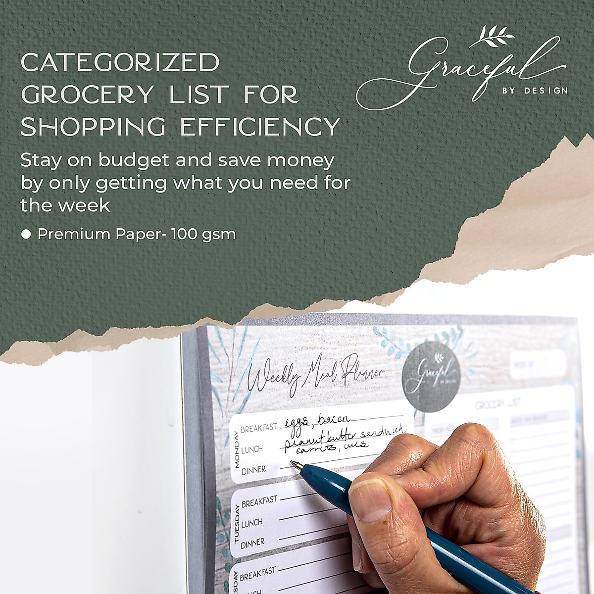 Graceful By Design Weekly Meal Planner and Grocery List Magnet Pad For Fridge or Wall - Weekly Menu Board For Kitchen and Meal Planner Magnetic with Tear-Off Grocery List Notepad - 8.5" x 11"