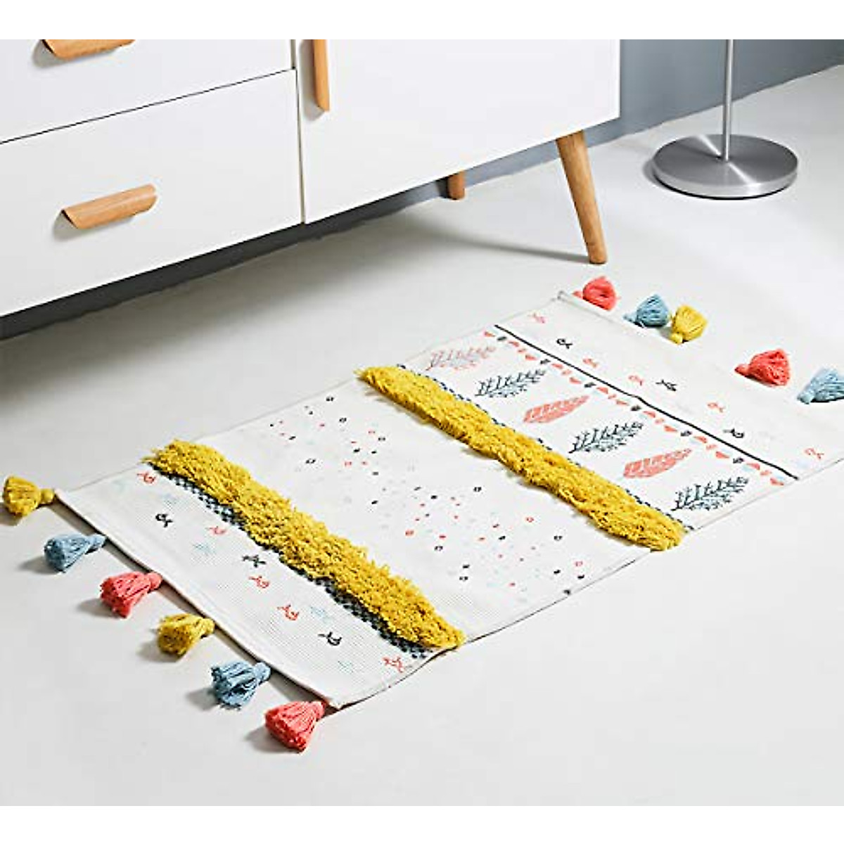 Kingrol 2' x 3' Bright Area Rug, Tufted Cotton Throw Rug with Tassel - Spring Home Decor for Nursery Kitchen Living Room Bedroom Bathroom Laundry Room, Yellow/Beige