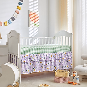 3 Pieces Crib Bedding Set Baby Ruffle Quilted Comforter with Fitted Sheet and Bed Skirt - Cute Ruffled Shabby Chic Baby Bedding Soft Blanket Design Purple with White Floral