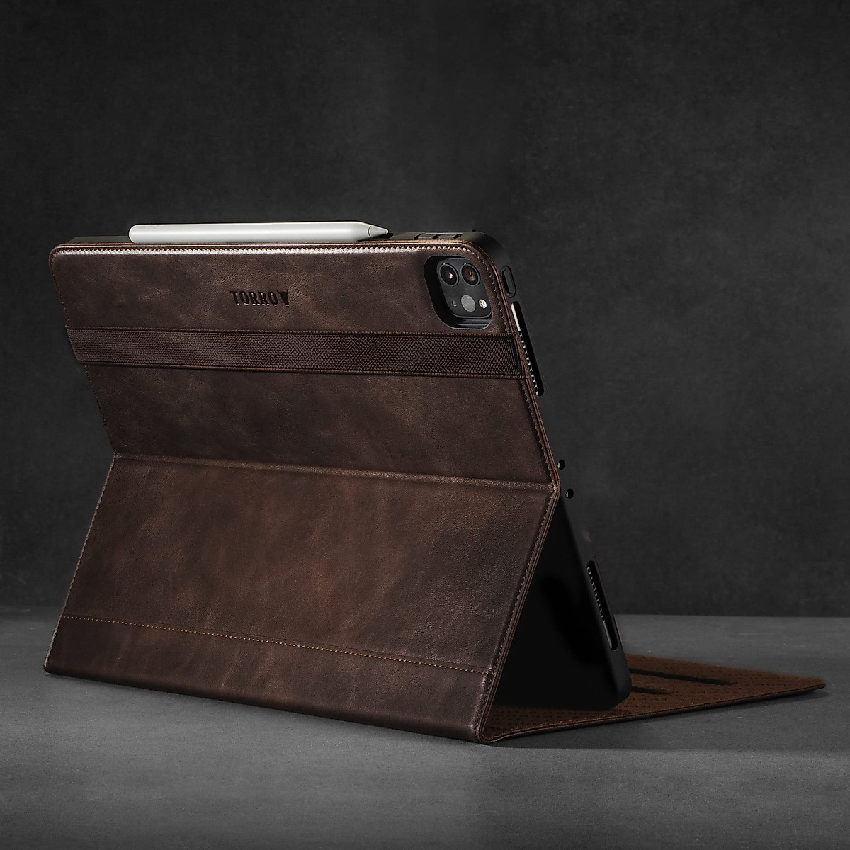 TORRO Case Compatible with iPad Pro 12.9” 6th / 5th / 4th Gen - Genuine Leather iPad Pro 12.9 2022 Case with Stand Function, Apple Pencil Connectivity and Wake Sleep Function (Dark Brown)