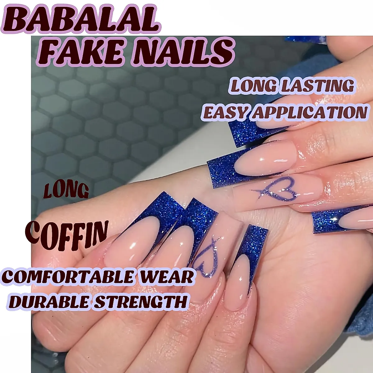 BABALAL Square Press on Nails Long Fake Nails Blue French Tip Glue on Nails Glitter Shiny Heart Design Acrylic Nails 24Pcs Squoval Manicure Artificial False Nails for Women and Girls