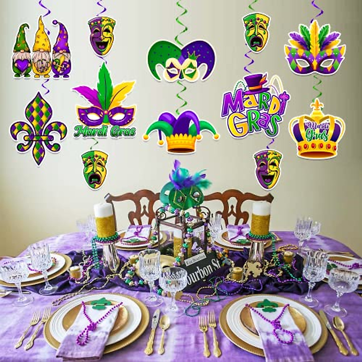 36 Pcs Mardi Gras Decorations Hanging Swirls, NO-DIY Mardi Gras Party Decorations, Mardi Gras Party Supplies Whirls Glitter Foil Ceiling Swirls for Mardi Gras Decor Shrove Tuesday New Oeleans Party
