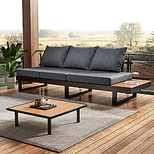 LUXOAK 3-Piece Patio Furniture Sets, Outdoor Aluminum Furniture Sofa, with Wood Side Table & Washable Cushions（Adjustable Backrest）