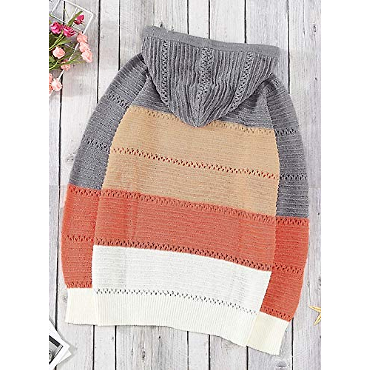BLENCOT Women's Fall Hoodies Color Block Pullover Sweaters Warm Casual Loose Knitted Hooded Sweatshirts Tops Clothing Gray XL