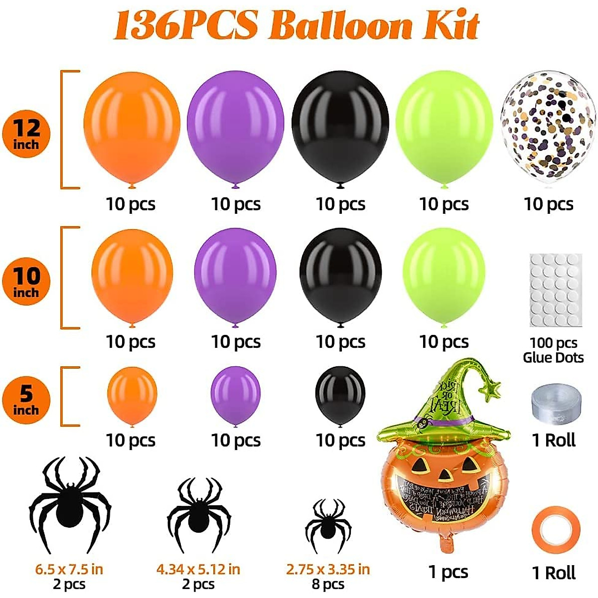 Labeol 136PCS Halloween Balloons Garland Kit, Halloween Party Decorations Orange Black Purple Green Confetti Balloons Arch Kit with Pumpkin Balloon and Spider Brithday Decorations Supplies