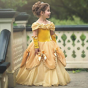 CinheyU Girls Belle Princess Birthday Dress Beauty and the Beast Costume Halloween Christmas Cosplay Party Ball Gown Yellow 000 8-9T