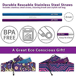 LAST STRAW Sky Blue Velvet Collection – Portable 304 Stainless Steel Cocktail Length Eco-Friendly Drinking Straws - Set of 4 Washable Rainbow Metal Straws + Brush + Velvet Carrying Pouch