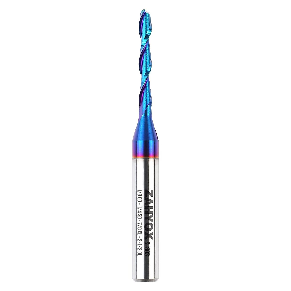 ZahyoX Upcut Spiral CNC Bit, Nano Coated Solid Carbide Straight Router Bit, 1/8" Cutting Dia, 1/4" Shank, 7/8" Cutting Length, 2-1/2" Overall Length, CNC Router Bits, CNC End Mill