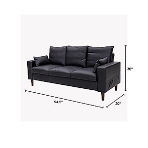 Panana Couch 3 Seater Loveseat Sofa with Storage Pockets for Living Room, Upholstered Faux Leather Sofa with 2 Pillows, Cushion Back Sofa for Bedroom, Home Office, Apartment