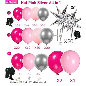 Kozee Hot Pink Silver Balloon garland arch kit 160PCS Pastel Pink and silver Starburst balloons for girl's 15/16/30th Birthday Princess Party Decorations