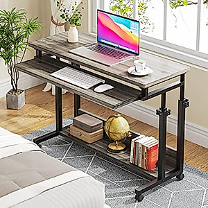 LITTLE TREE Portable Rolling Desk, Adjustable Height Small Standing Desk Computer Workstation with Keyboard Tray for Small Space