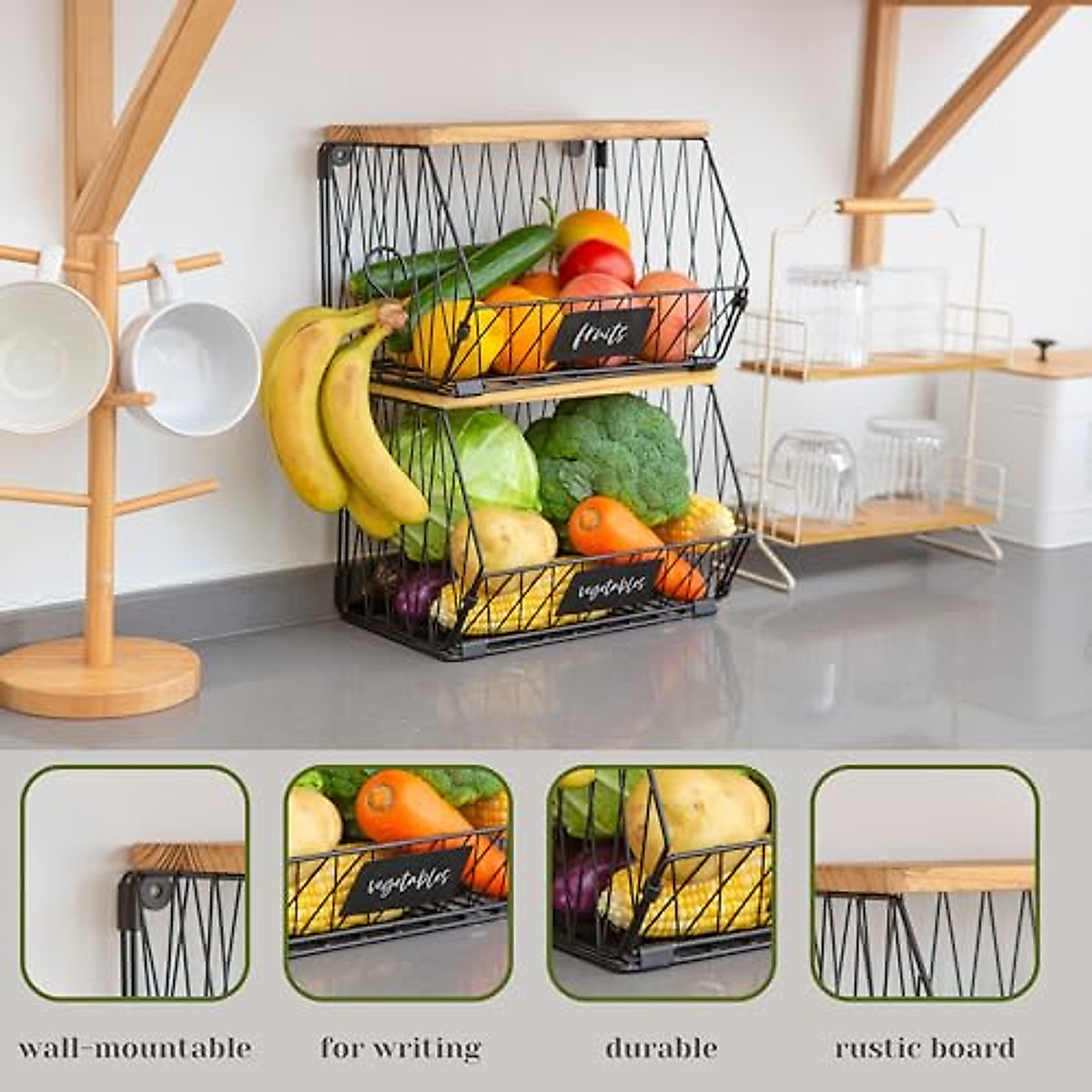 PERFNIQUE Fruit Basket, Wall Mounted Kitchen Baskets for Storage, 2PCS Stackable Fruit Holder with Wooden Lid, Vegetable Baskets for Kitchen, Hanging Metal Wire Baskets (Black, M & M)