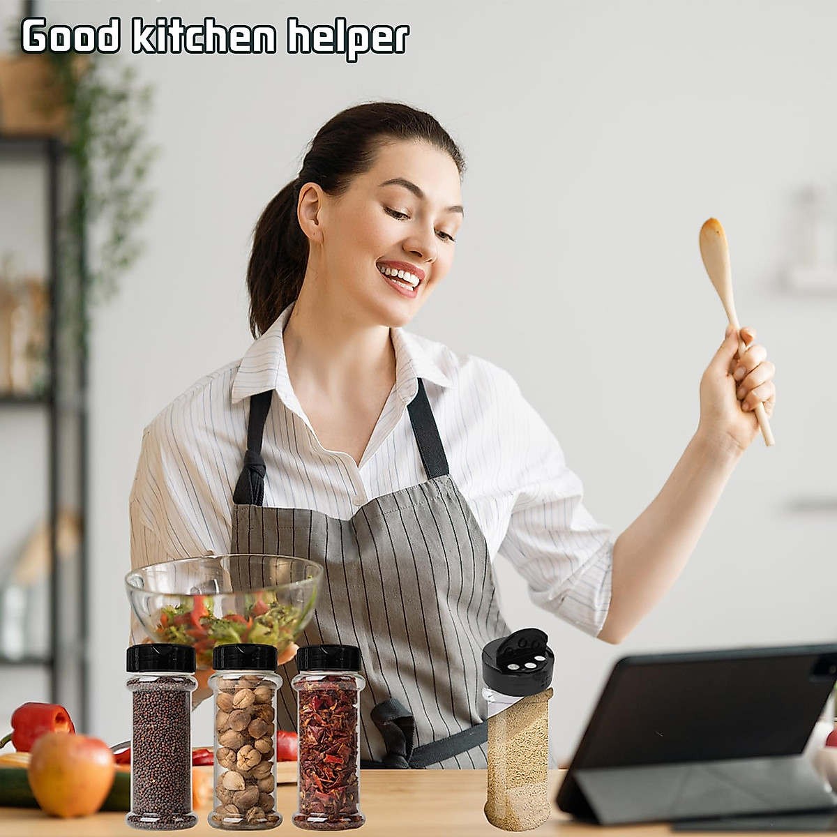 OJYUDD 8 Pack 5.5 Oz Plastic Round Spice Bottles with Black Shaker Lids,Reusable Seasoning Containers Jars,Clear Plastic Bottle Containers with Shaker Lids for Powders,Spice,Herbs,Glitters