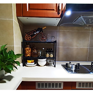 Urhomey plus 2 Tier Expandable Cabinet Shelf Organizer Bathroom Kitchen Counter Shelf 35LBS Sink Shelf Riser Countertop Storage Black