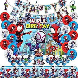 Spidey and His Amazing Friends Birthday Decorations, Party Supplies Set Include Banner, Backdrop, Balloons, Hanging Swirls, Cake Cupcake Toppers, Tablecloth for Boys Girls Spidey Theme Party