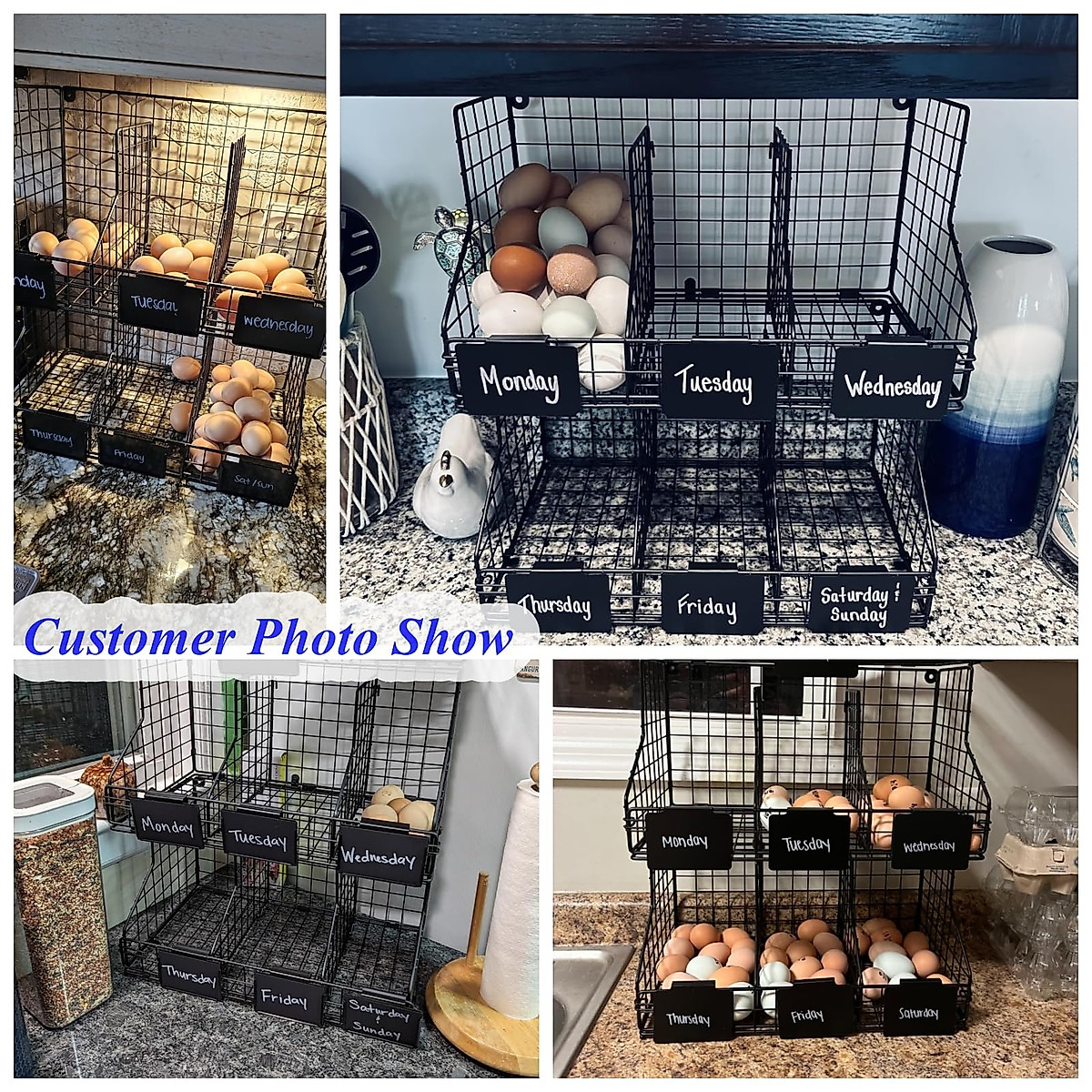 keomaisyto Fresh Egg Holder with 5 Dividers to Separate Eggs for a Week, 2 Tier Stackable Wire Baskets for Gathering Eggs, XXL Egg Rack for Countertop/Wall-Mounted, With DIY Labels (Patent Pending)