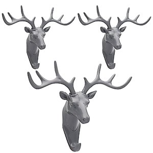 Cangder 3Pcs Deer Wall Hooks Antlers Plastic Wall Hooks/Hanger, Grey Animal Key Hat Holder Hanging for Home Wall Decoration