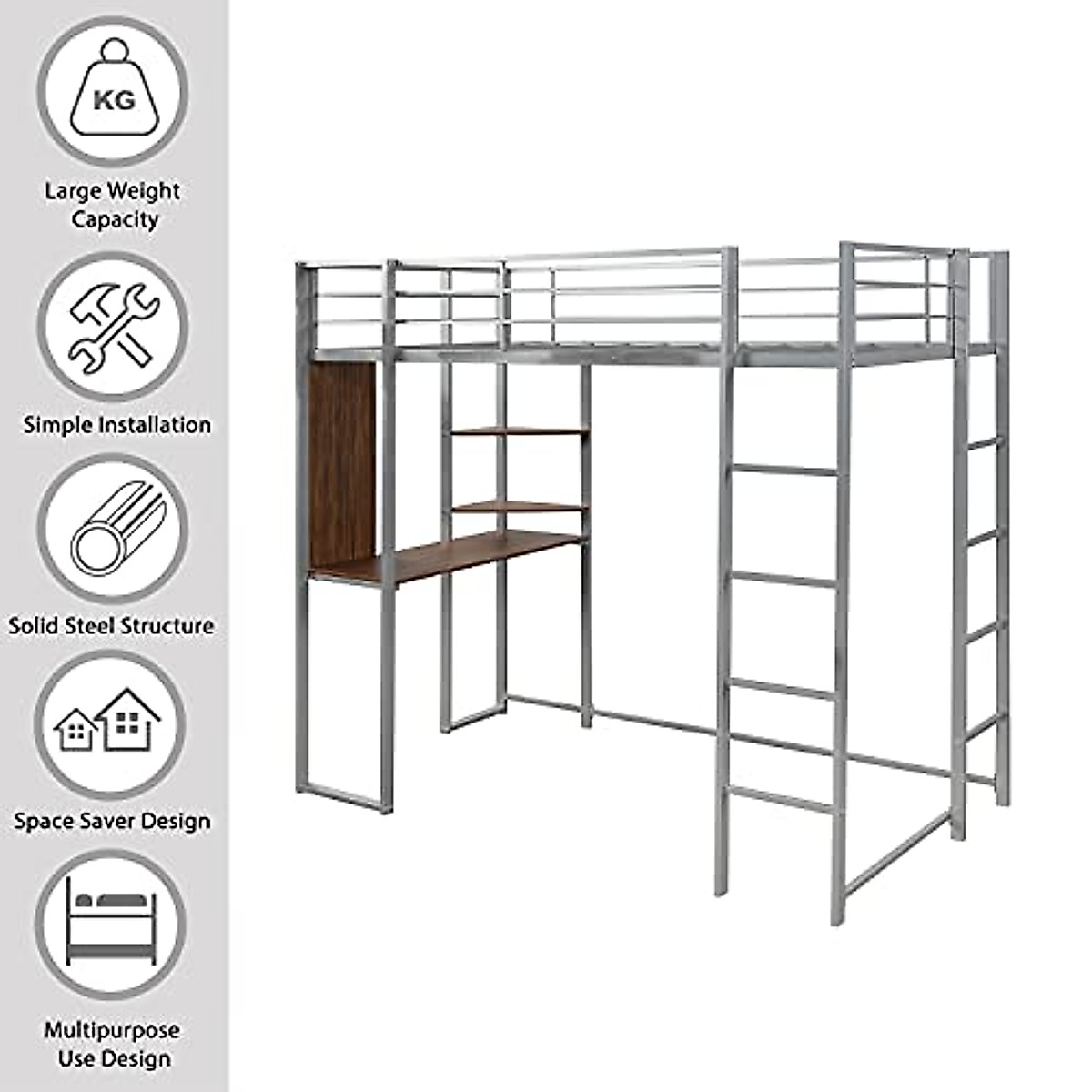 Merax Metal Loft Bed wit Desk and Shelves/Metal Slat Support/Space-Saving Twin, Silver