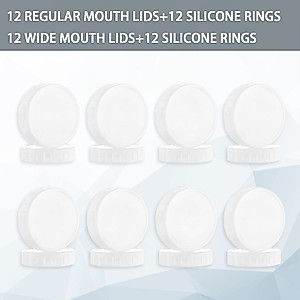 12 Wide Mouth Plastic Mason Jar Lids and 12 Regular Mouth White Canning Lids with Silicone Seals Rings Fits Ball/Kerr Jars, Leak-Proof & Anti-Scratch Surface, 24 Pack