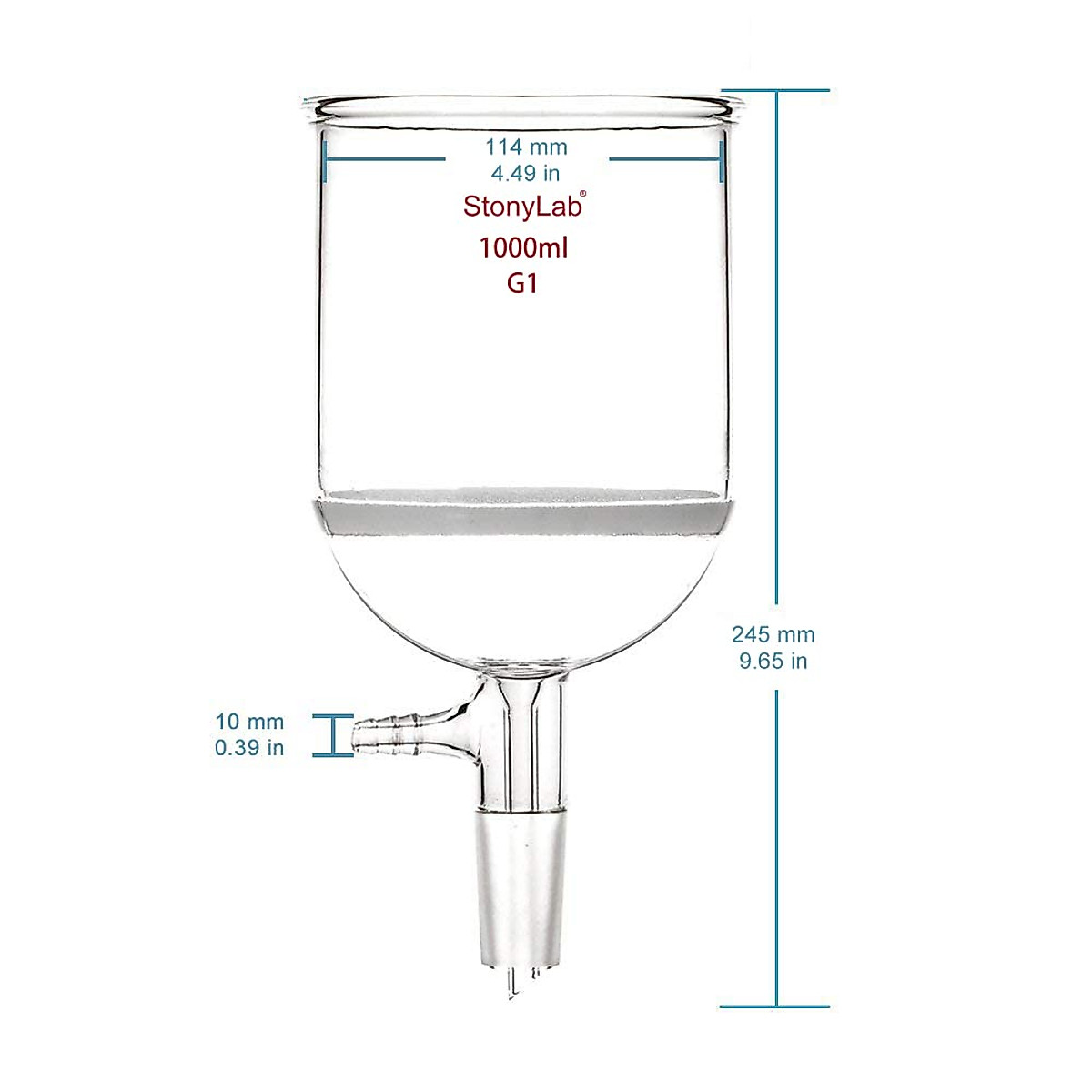 StonyLab Borosilicate Glass Buchner Filtering Funnel with Coarse Frit(G1), 113mm Inner-Diameter, 110mm Depth, with 24/40 Standard Taper Inner Joint and Vacuum Serrated Tubulation (1000ml)