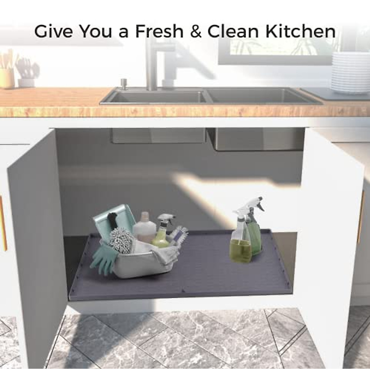 Waterproof Under Sink Mat for 36"Cabinet, Flexible Silicone Cabinet Protection Mat, Under Sink Tray, Drips Leaks Spills Protector, 35x22"Cabinet Liner for Kitchen, Bathroom