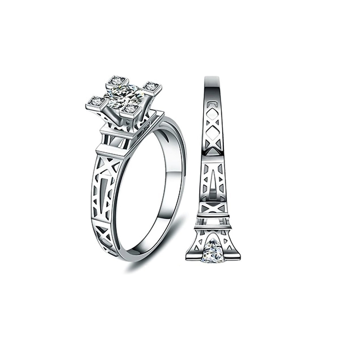 White Gold Plated Solitaire Style Eiffel Tower Ring with AAA Round Cubic Zircon Crystal Wedding Engagement Ring Fashion Jewelry for Women (7)