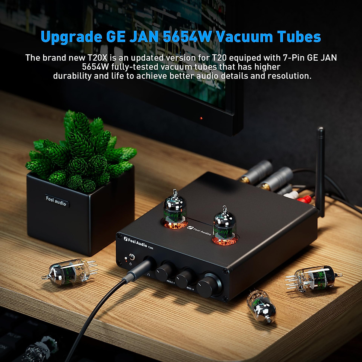 Fosi Audio T20X Bluetooth Tube Stereo Amplifier Home Audio Headphone Amp 2.0 Channel Class D Digital Mini Hi-Fi Power Amp Receiver for Home Bookshelf Speakers with JAN 5654W Vacuum Tubes