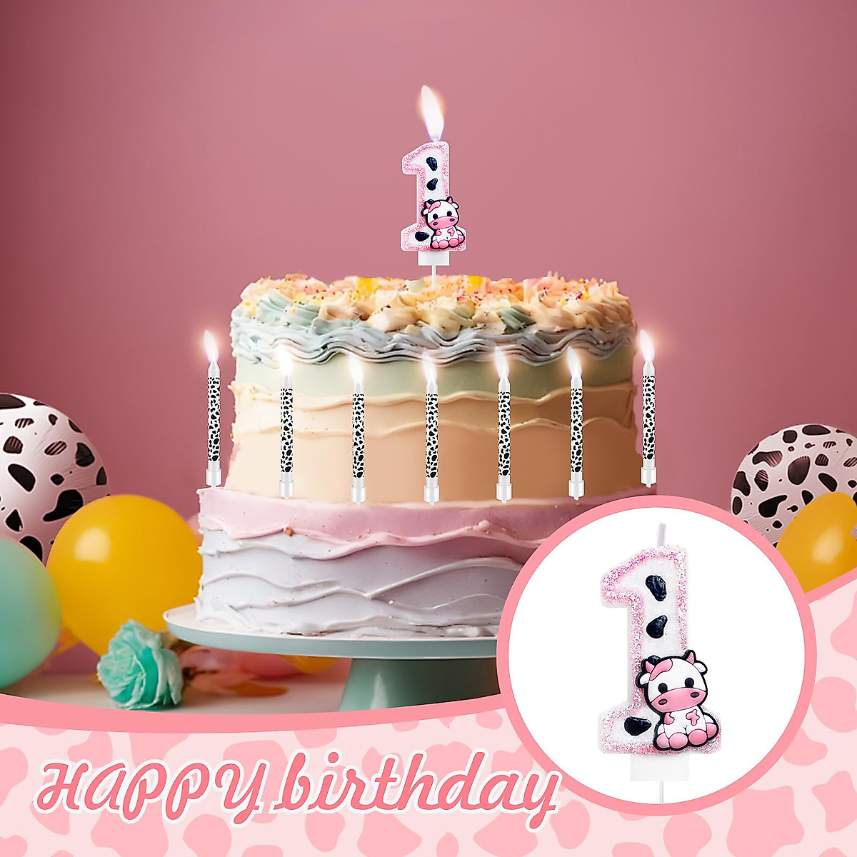 13 Pcs Cow Themed Birthday Candles - 0 to 9 Pink Cow Number Candle & Cow Print Birthday Candles, Cowgirl Theme Candle for Girls Birthday Party Decor, Holy Cow Im One Birthday Decorations (Number 1)