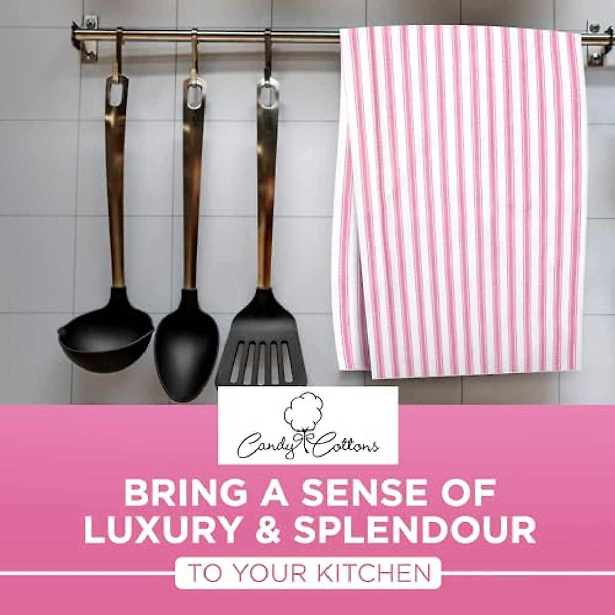 Candy Cottons Stripe Kitchen Towels Decor Hanging Loop Dish Towels Boho Stripe Absorbent Festive Gift Set of 3 Pantry Reusable 18x28 Inch Kitchen Dish Towels|Trendy Spring French Stripe| Pink