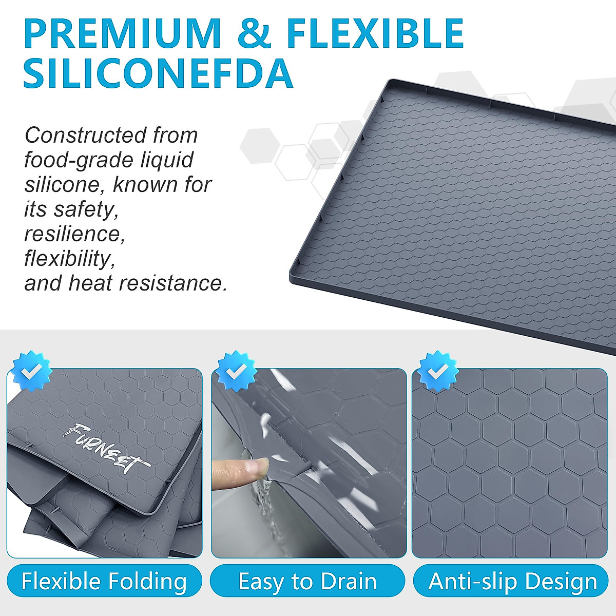 Furneet Under Sink Mat for Kitchen Waterproof, 31" x 22" Silicone Under Sink Liner, Under Sink Cabinet Organizers and Storage, Kitchen Sink and Cabinet Protector, Under Sink Tray for Bathroom(Grey)