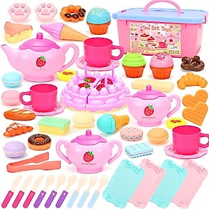 Tagitary Tea Party Set for Little Girls,Toys Tea Set Princess Pretend Play Toys,Including Dessert Cookies Teapot Cups Tablecloth and Carrying Case,Learning Toys Birthday Party Gift for Toddlers