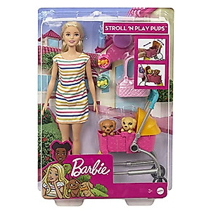 Barbie Dogwalking Doll & Accessories, Stroll & Play Pups Playset with Transforming Stroller, 2 Pets & Handbag, Blonde Doll