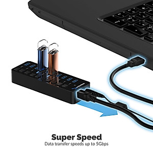 10 Port 60W USB 3.0 Hub with Individual Power Switches and LEDs Includes 60W 12V/5A Power Adapter+Mini Travel USB Optical Mouse with Retractable Cable for Computers and laptops | Mac & PC Compatible