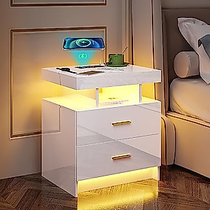 HNEBC LED Nightstand, RGB White Night Stand with USB/Wireless Charging Station, Modern Bedside Table has Auto Sensor RGB Lights, End Side Table with 2 Drawer for Bedroom Furniture, White