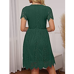 MEROKEETY Women's Short Sleeve Lace Floral Swing Dress Elegant Wedding Guest Bridesmaid Dress, DarkGreen, L