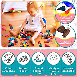 Loose Parts Play Materials Set Wooden Mandala Toys Kit Wood Sensory Play Toys 27 Rainbow Color 7 Shapes Loose Parts for Teens Students Early Learning Materials (81)