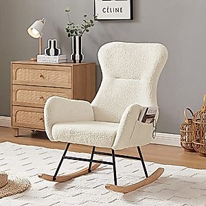 Recaceik Rocking Chair, Modern Teddy Fabric Rocker Glider Chair with High Backrest and Armrest, Comfy Side Chair Bedroom Living Room Chair Armchair, 2 Handy Pockets, Metal Frame, Wood Leg(Beige)