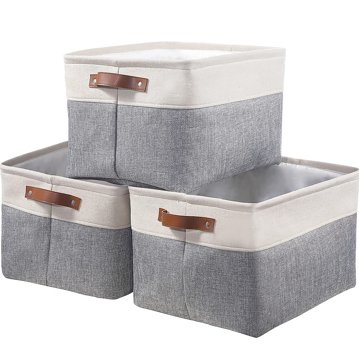 WEHUSE Large Cloth Storage Baskets for Shelf, Collapsible Fabric Rectangular Closet Storage Bins with Leather Handles, Grey 15.8 L x 12 W x 10 H Inch