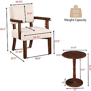 HMFULE 24.25'' Mid Century Accent Chair Set of 2 with Round Wood Table Modern Fabric Arm Chair for Living Room Bedroom Reading Room(Beige)