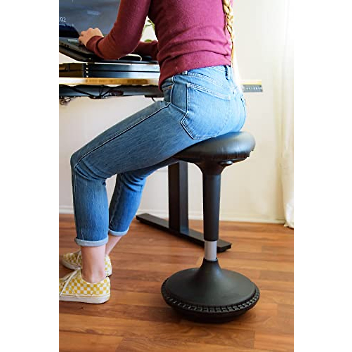 WOBBLE STOOL Standing Desk Chair ergonomic tall adjustable height sit stand-up office balance drafting bar swiveling leaning perch perching high swivels 360 computer active sitting black saddle seat