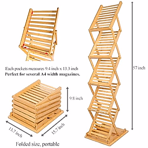 DuvinDD Foldable Bamboo Magazine Rack Floor, Portable Pop-up Display Stand, Magazine Rack 5 Pockets, A4 Size, for Trade Shows, Office, Retail Store, Craft Shows, 57 inch Tall
