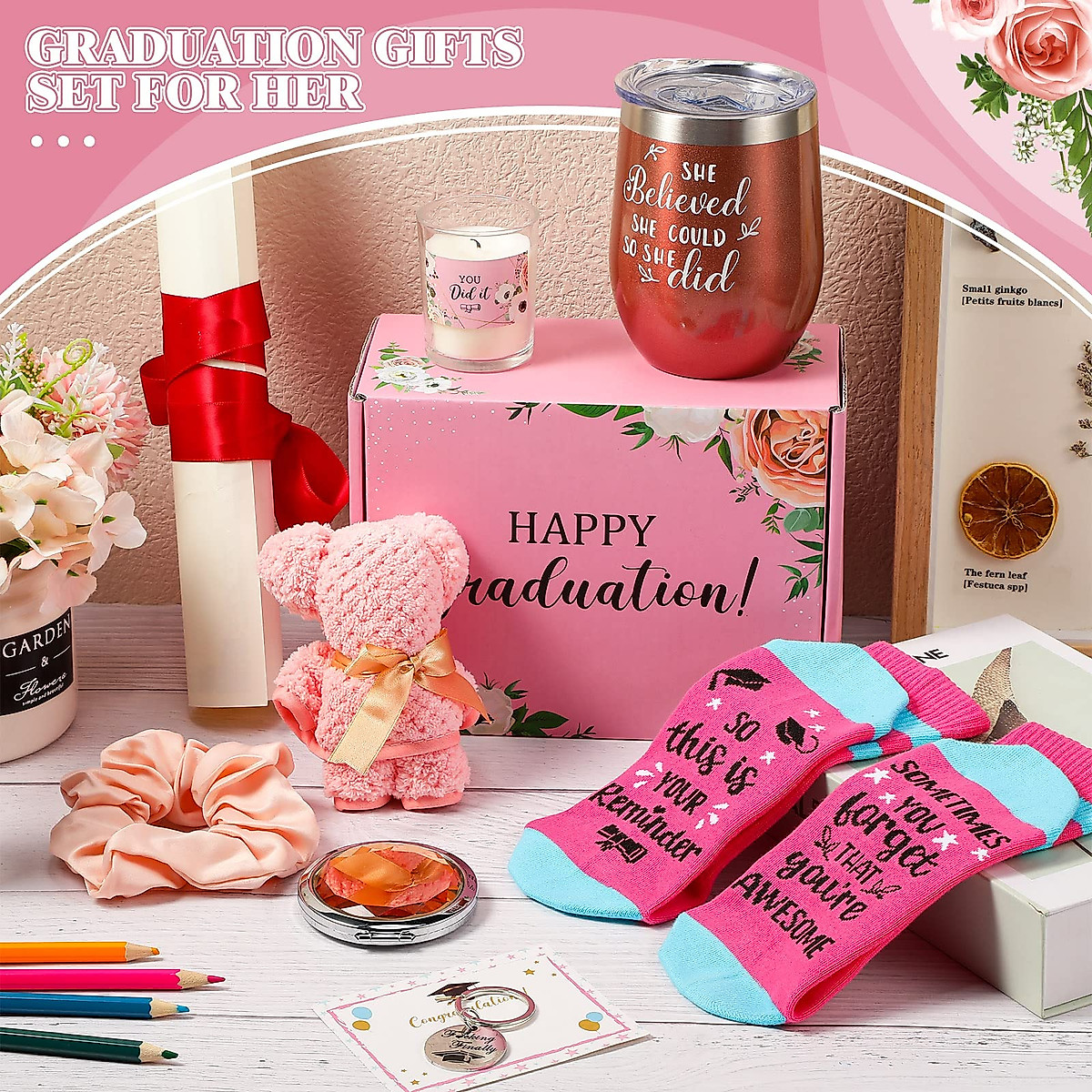 Teling Graduation Gifts for Her Graduation Gift Basket Set Includes Coffee Mug, Bracelet, Keychain, Candle, Towel, Socks, Scrunchie, Mirror Candle Card for Senior College Graduation Party (Pink)
