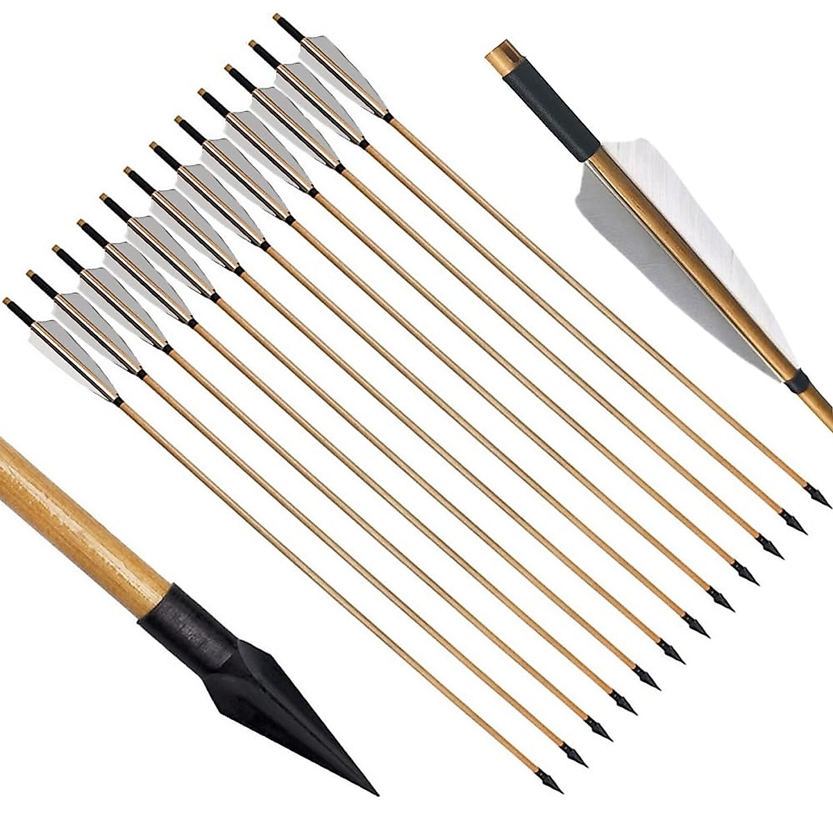 e5e10 33" Archery Wooden Arrows with Turkey Feather and Sharp Iron Tips for Recurve Bow Longbow Hunting (12White)