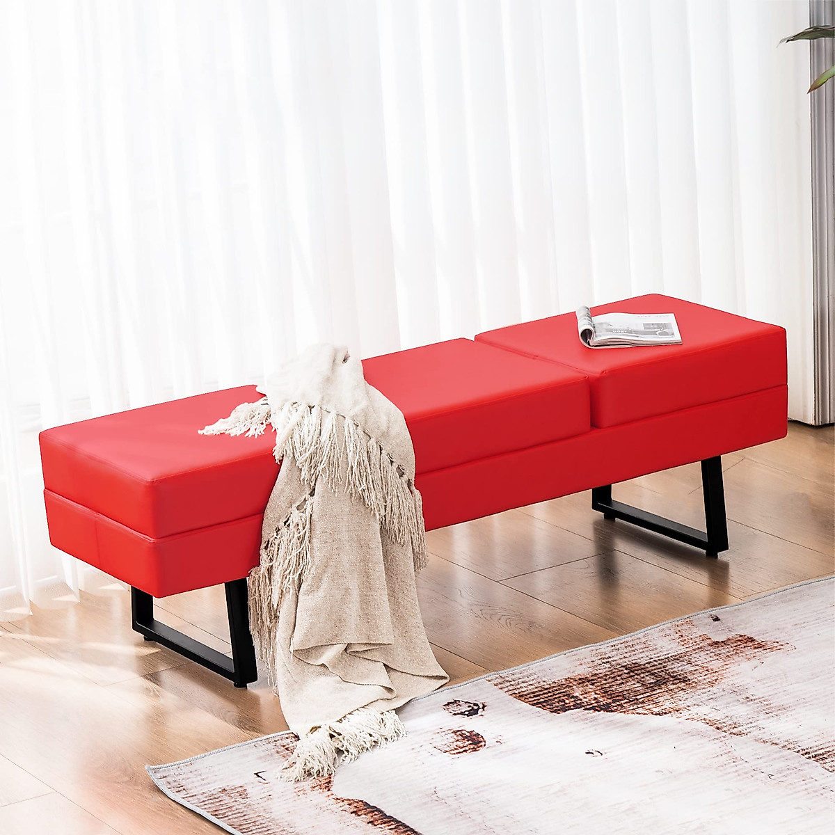 BarberPub Waiting Room Chairs, Heavy Duty Office Guest Reception Bench, Faux Leather Upholstered Lobby Chairs for Salon, Conference Room 7008 (Red)