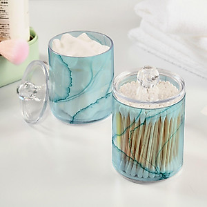 YETTASBIN Blue Marble Clear Plastic Apothecary Jars 2 Pack, 14 oz Qtip Holder Dispenser with Lid, Clear Bathroom Storage Canister for Cotton Ball, Cotton Swab