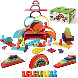 SHIERDU 45-Piece Wooden Rainbow Stack Set, 4-in-1 Building Blocks preschoolers Early Development & Activity Toys Montessori Toys for Kids 3, 4, 5, 6 Years and Older Gifts for Boys and Girls