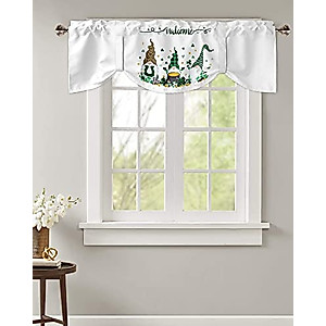 Semi-Sheer Kitchen Valances for Windows, Adjustable Tie Up Valances Curtains Light Filtering, St Patrick's Day White Background Shamrock Gnomes and Gold Coin Elegant Window Toppers Valances 42x18in