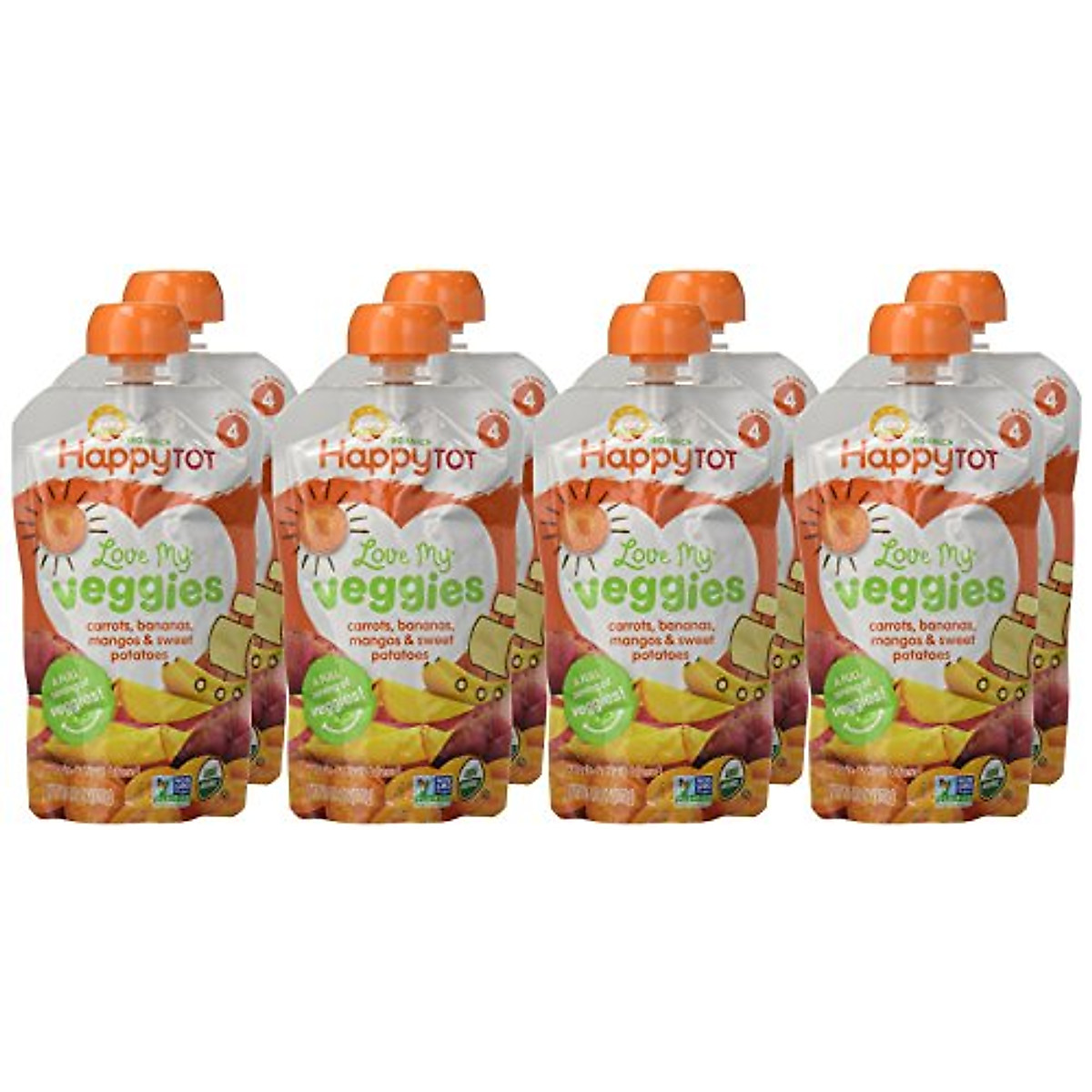 Happy Tot Organics Stage 4 Baby Food Pouches, Gluten Free, Vegan Snack, Love My Veggies, Fruit & Veggie Puree, Carrot, Banana, Mango & Sweet Potato, 4.22 Ounce (Pack of 8)