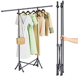Runsand No Installation Clothes Rack,Portable Folding Carbon Steel Garment Rack - Versatile Heavy Duty Coat Rack with 4 hooks for Indoor and Outdoor Use - great for Home, Camping,Travel (Dark Grey)